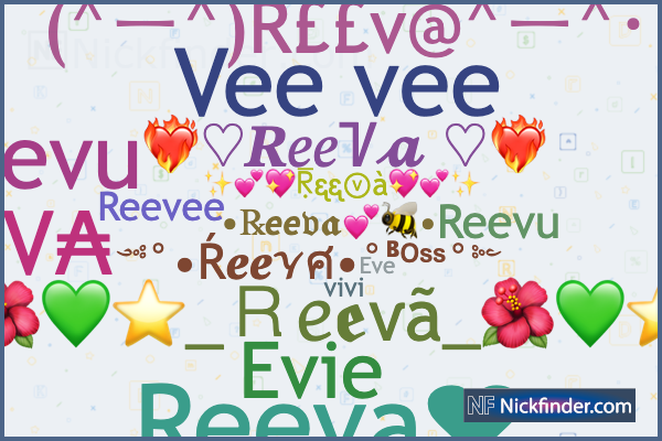 Nicknames for Reeva: Reevu, Reevee, Eva, Vee vee, Eve, Evie